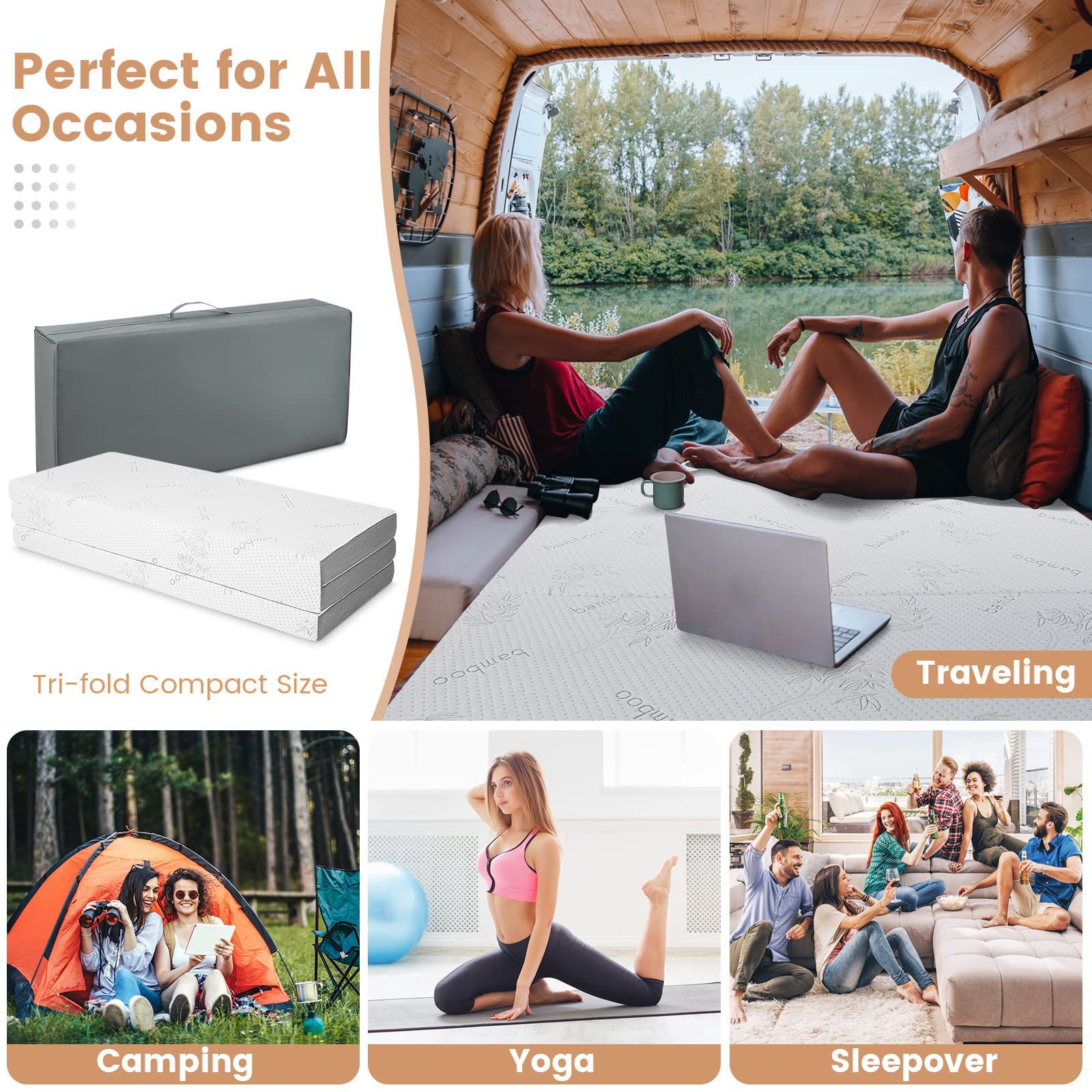 Giantex Folding Mattress, 4 Inch Gel-Infused Tri-fold Mattress with Bamboo Cover & Carry Bag, CertiPUR-US Certified, Foldable Cooling Mattress Topper for Guest Room Dorm RV Camp Floor, Queen