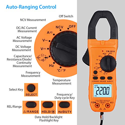 CAMWAY Portable Clamp Meter Digital 6000 Counts AC/DC Current TRMS AMP OHM Tester Capacitance Multimeter with Alligator Clips