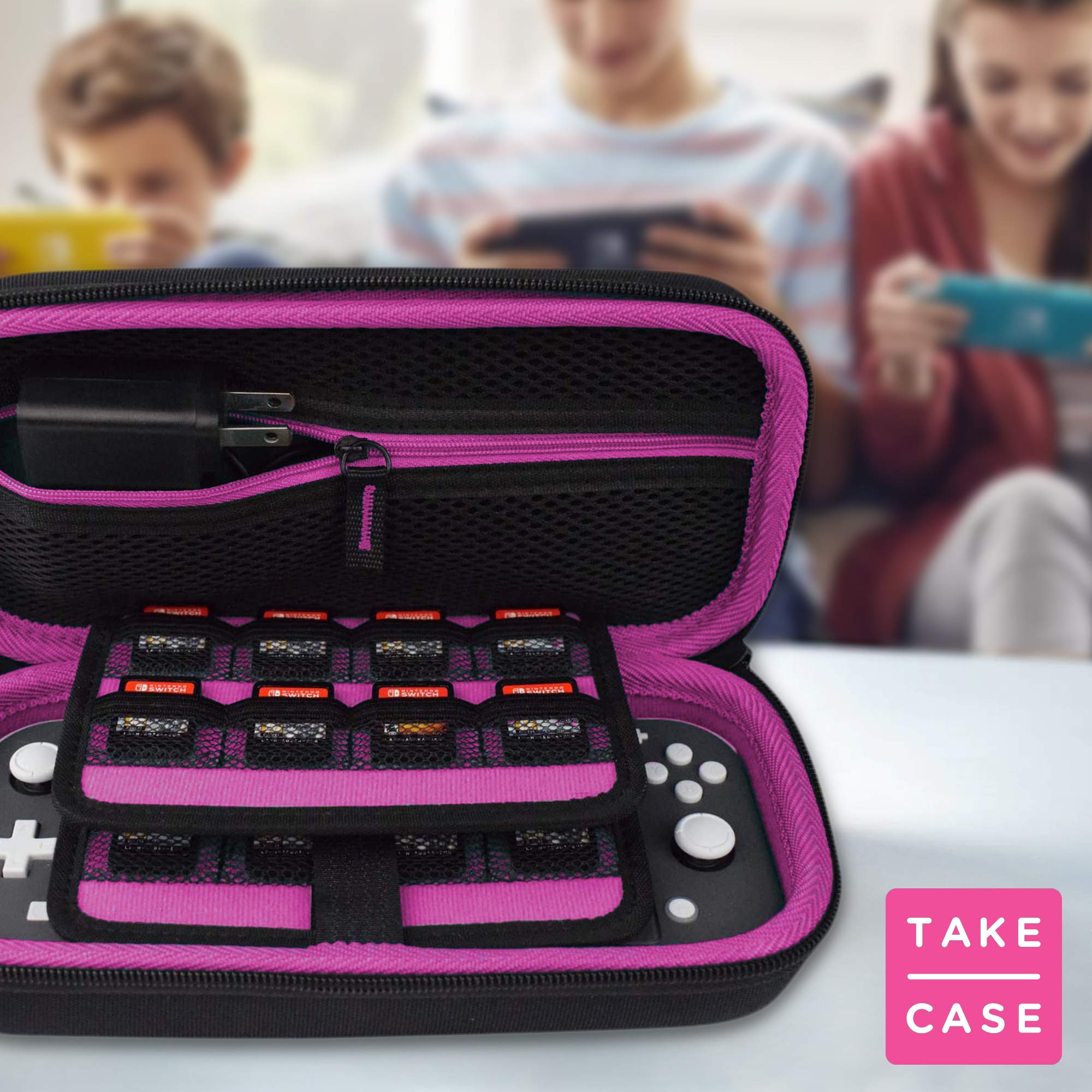 TakeCase Carrying Case Compatible with Nintendo Switch Lite - Includes Pouch That Fits Adapter/Charger, Accessories, and 16 Games Storage - Perfect for Travel - Pink/Black