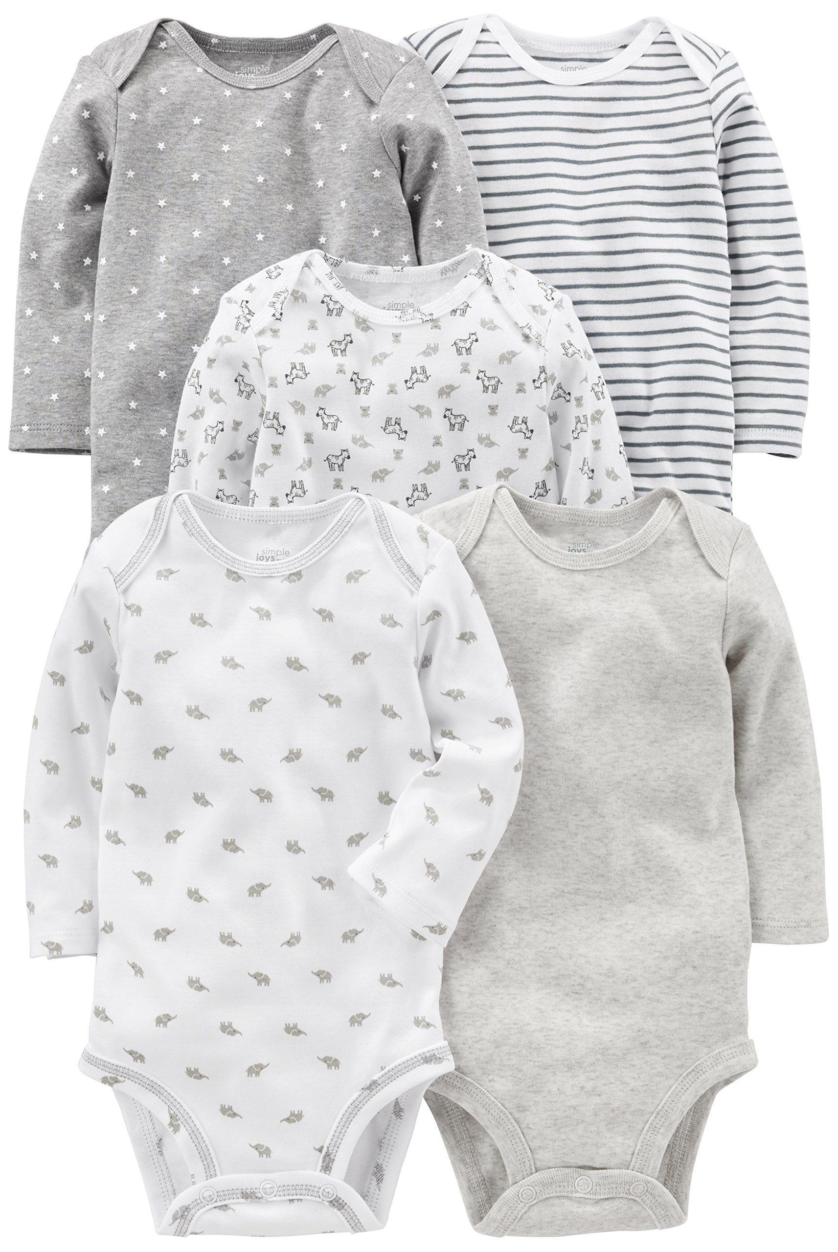 Simple Joys by Carter's Unisex Babies' Long-Sleeve Bodysuit, Pack of 5, Grey/White, 0-3 Months