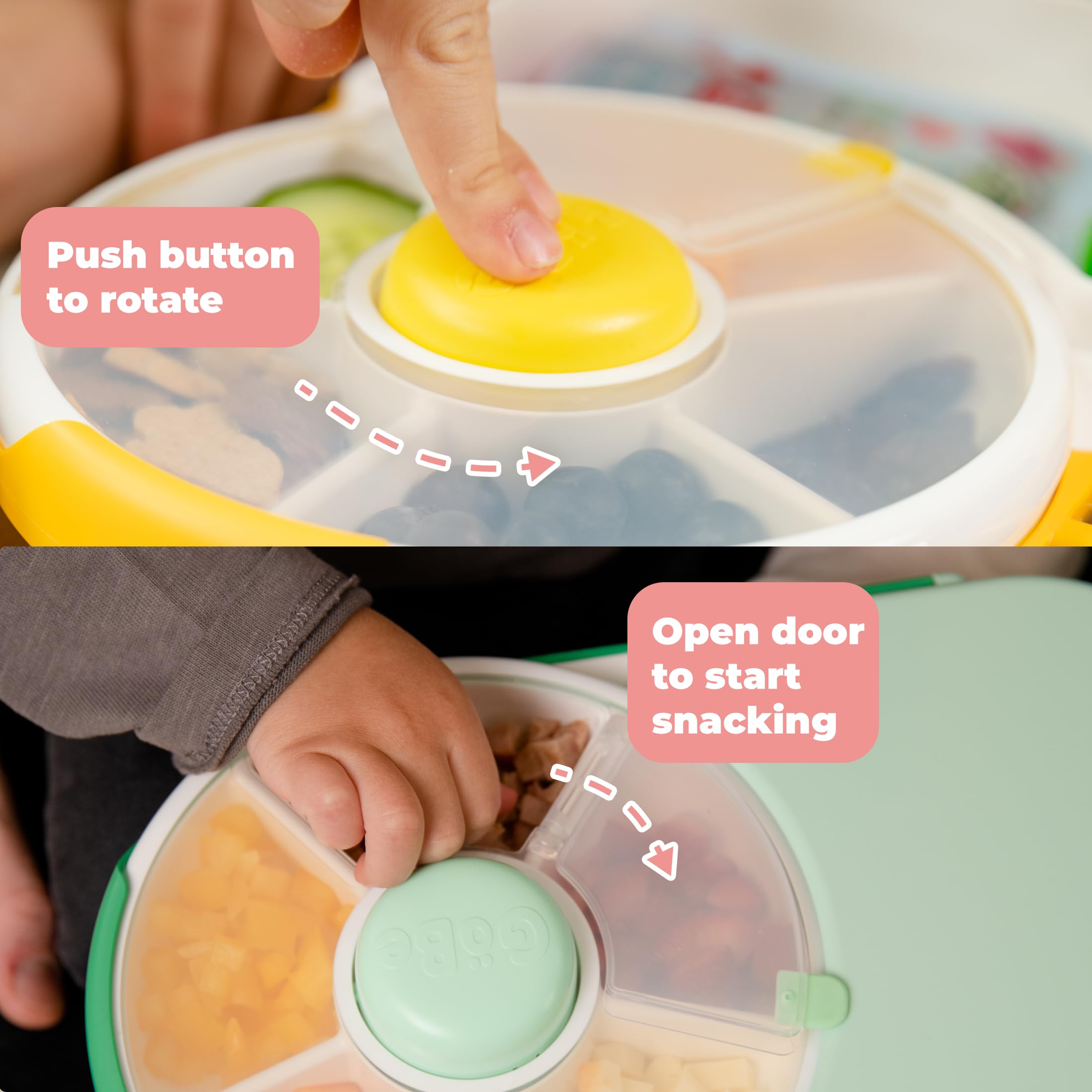 GoBe Kids Lunchbox with Small Snack Spinner Flip - Bundle with Hand Strap & Sticker Sheet, 2-in-1 Bento Style Lunch Container, 5 Small +1 Large Sandwich Compartment, BPA & PVC Free - Lemon Yellow