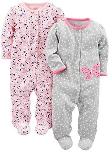 Simple Joys by Carter's Baby Girls' Cotton Snap Footed Sleep and Play, Pack of 2, Grey Butterfly/Pink Floral, 0-3 Months