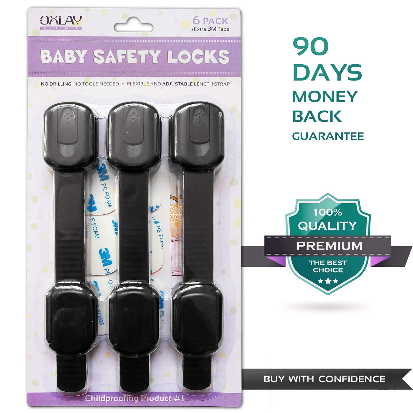 Baby Proofing Safety Cabinet Locks - Child Proof Latches for Dresser Drawer Cupboard Doors Closet Oven Refrigerator Fridge - Adjustable Childproof Straps by Oxlay - Black - 6 Pcs