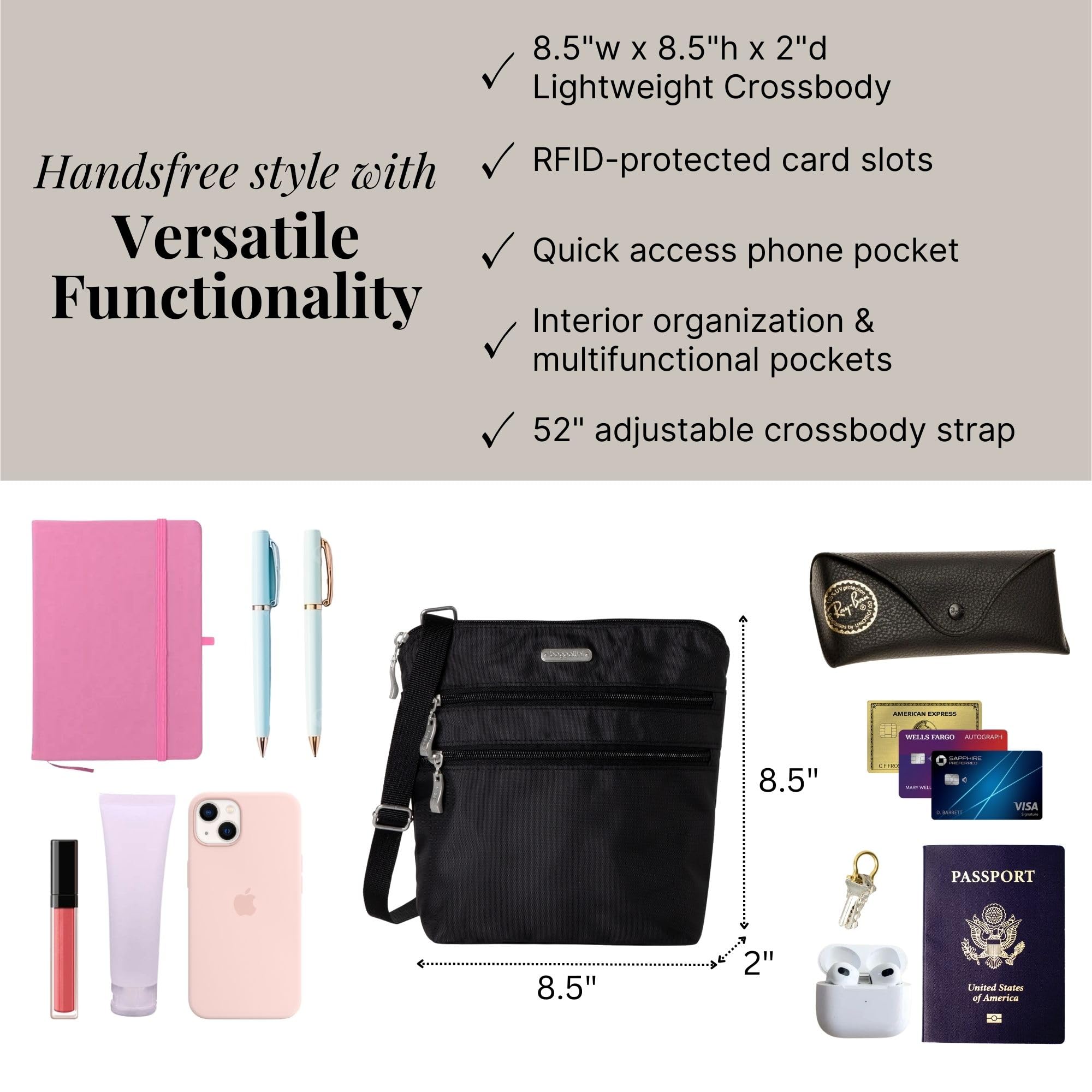 Baggallini Essential Crossbody Bag for Women - Built-in RFID Card Holder - Cross Body Purse with Quick-access Phone Pocket