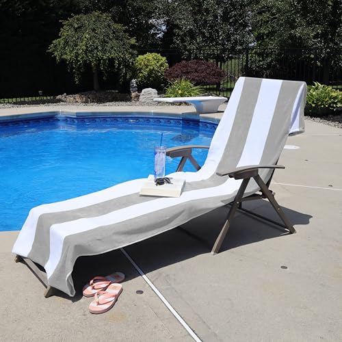 Superior Cabana Cotton Lounge Chair Cover, Outdoor Towel/Chaise Furniture Covers, Terry Cloth, Beach, Spa, Swim Accessories, Pool Chair Cover, Soft, Quick Drying, 32" x 102", Light Grey