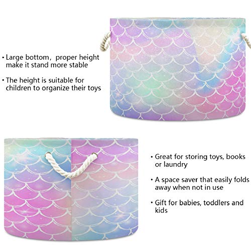 MNSRUU Storage Basket 20"x14" Rainbow Scales with Mermaid Collapsible Organizer Basket with Handles, Fabric Nursery Laundry Basket Large Capacity