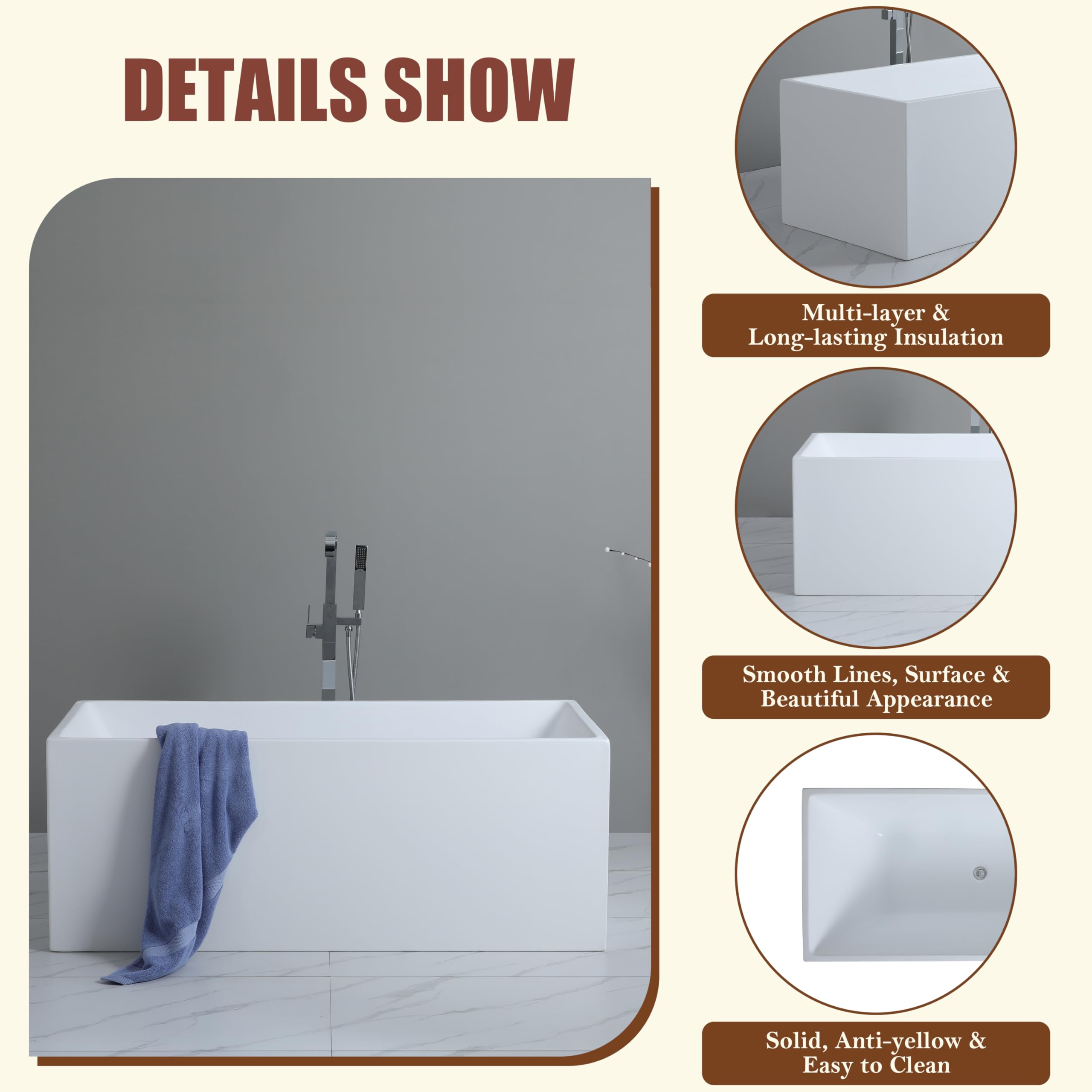 CBDOIT 55" x 29" Freestanding Bathtub, Acrylic Modern Soaking Spa Tub, Stand Alone & Back to Wall or Alcove Corner Ractangular White/Black Tub with Overflow & Pop-up Drain (Black)