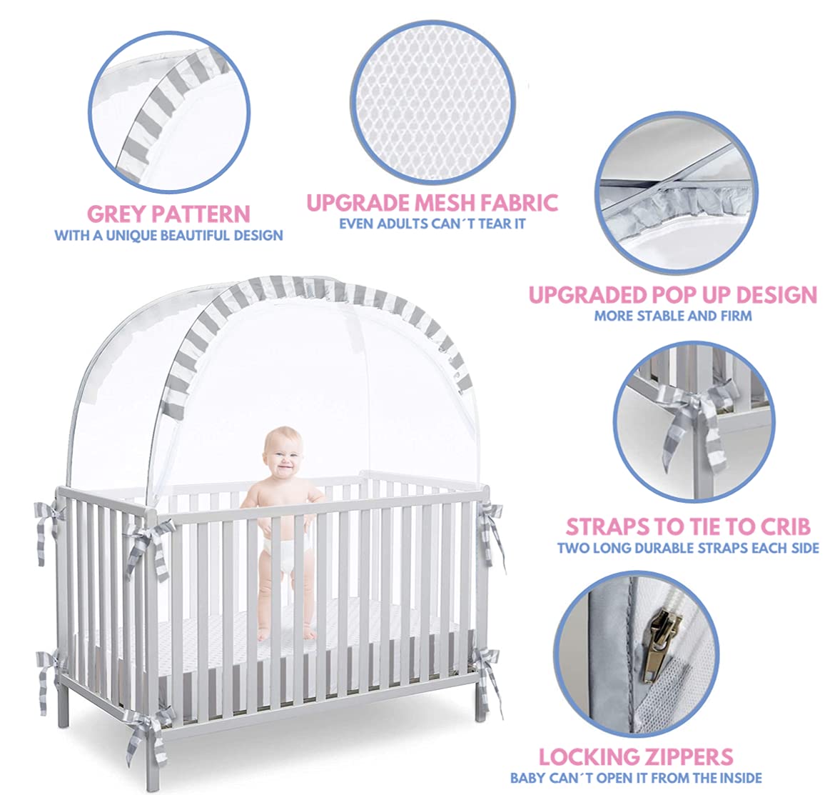Baby Safety Pop up Crib Tent | Premium Crib Net to Keep Baby from Climbing Out | Upgraded Mesh Fabric | Protect Your Baby from Falls | Unisex Infant Crib Tent Net