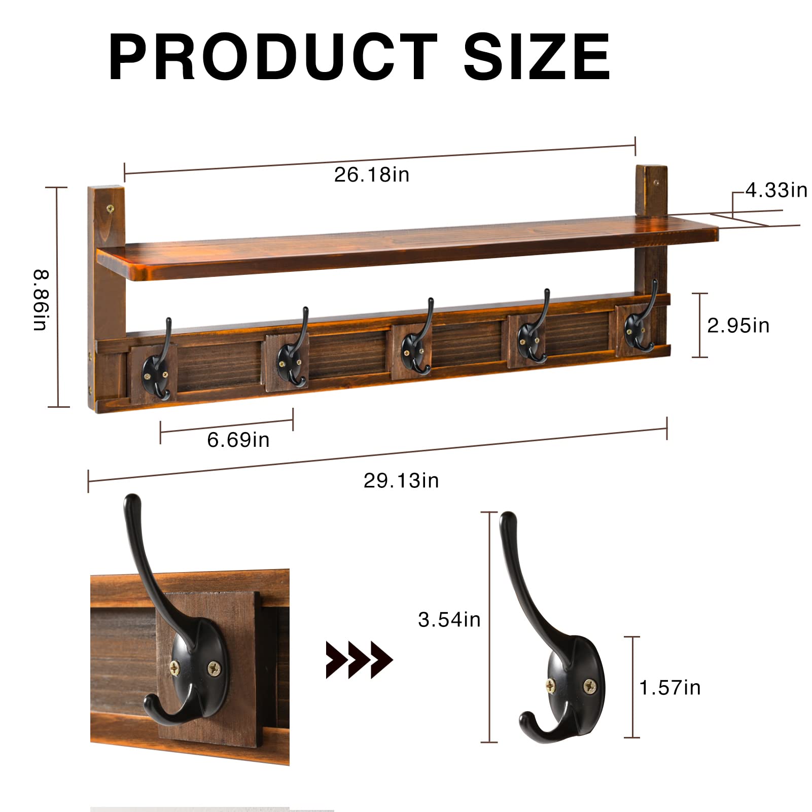 Popin Lover Coat Rack Wall Mount with Shelf, 28.9 Inches Coat Hooks Wall Mounted with 5 Hooks, Hat Wall Hooks for Hanging in Entryway, Living Room, Bathroom, Bedroom