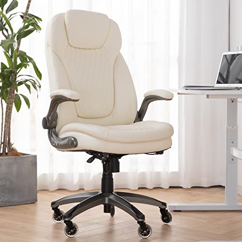 COLAMY 6686 High Back Executive Ergonomic Computer Desk Padded Flip-up Arms, Thick Bonded Soft Leather, Modern Office Chair with Upgraded Casters for Swivel Rolling (Ivory, 300lbs)