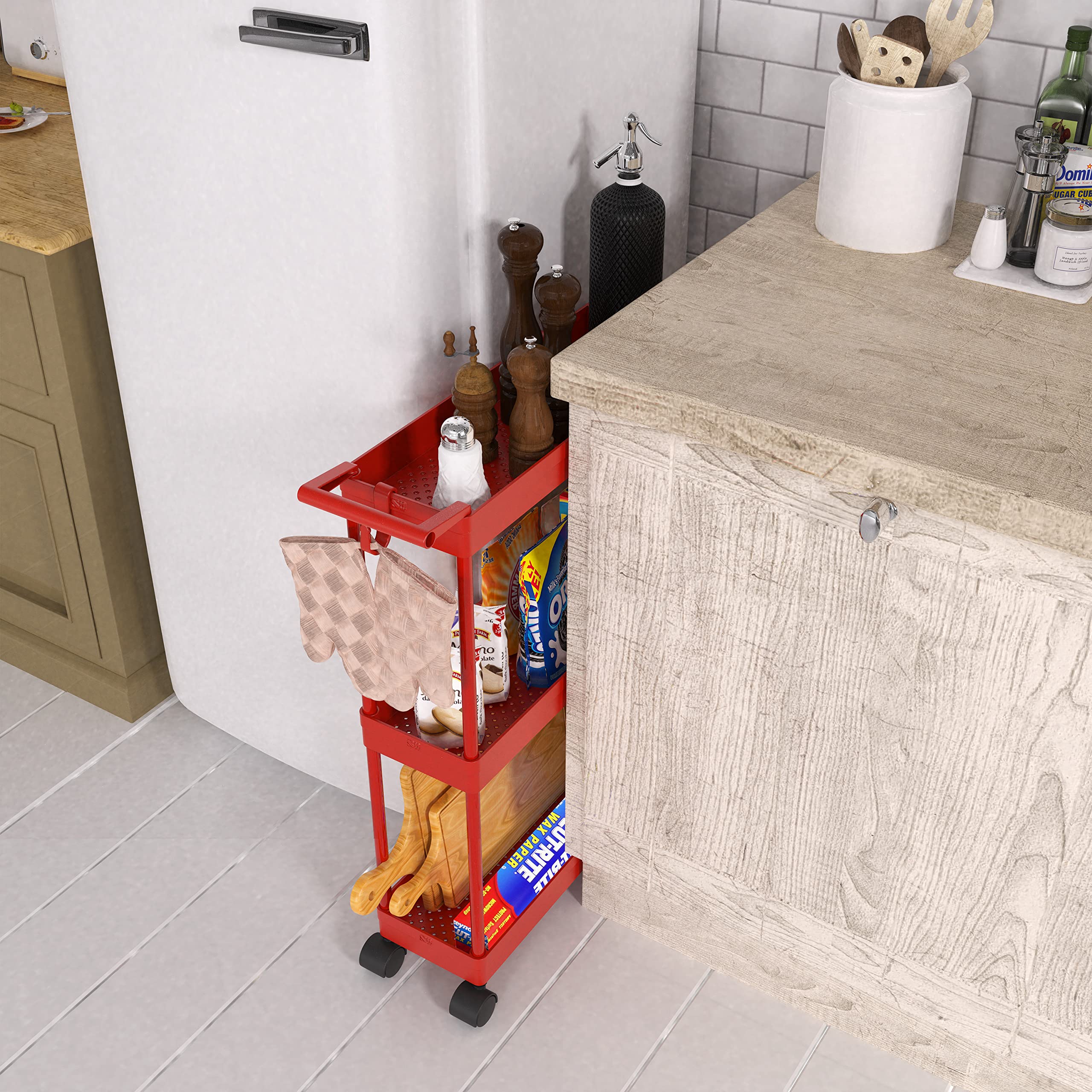 SimpleHouseware Kitchen Cart Storage 3-Tier Slim/Super Narrow Shelves with Handle, 26.5'' Height/5.5'' Width for Narrow Place, Red