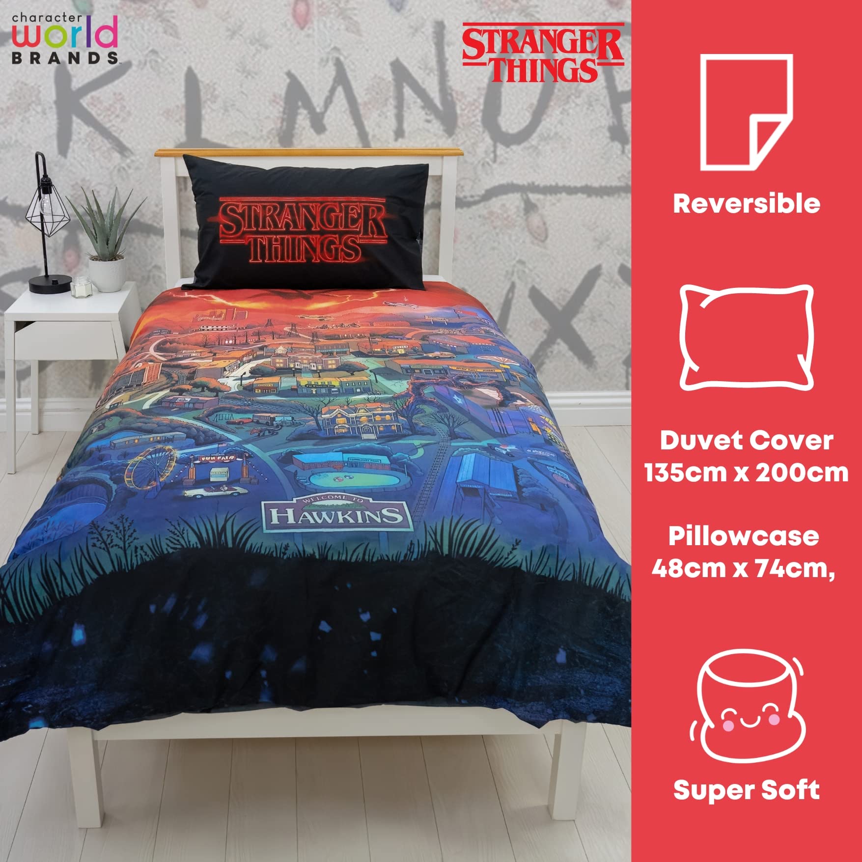 Stranger Things Character World Official Single Duvet Cover | Hawkins Town Map Design, Reversible Easy Care Bedding 2 Sided Duvet Quilt Set with Matching Pillow Case, Multicolour Print