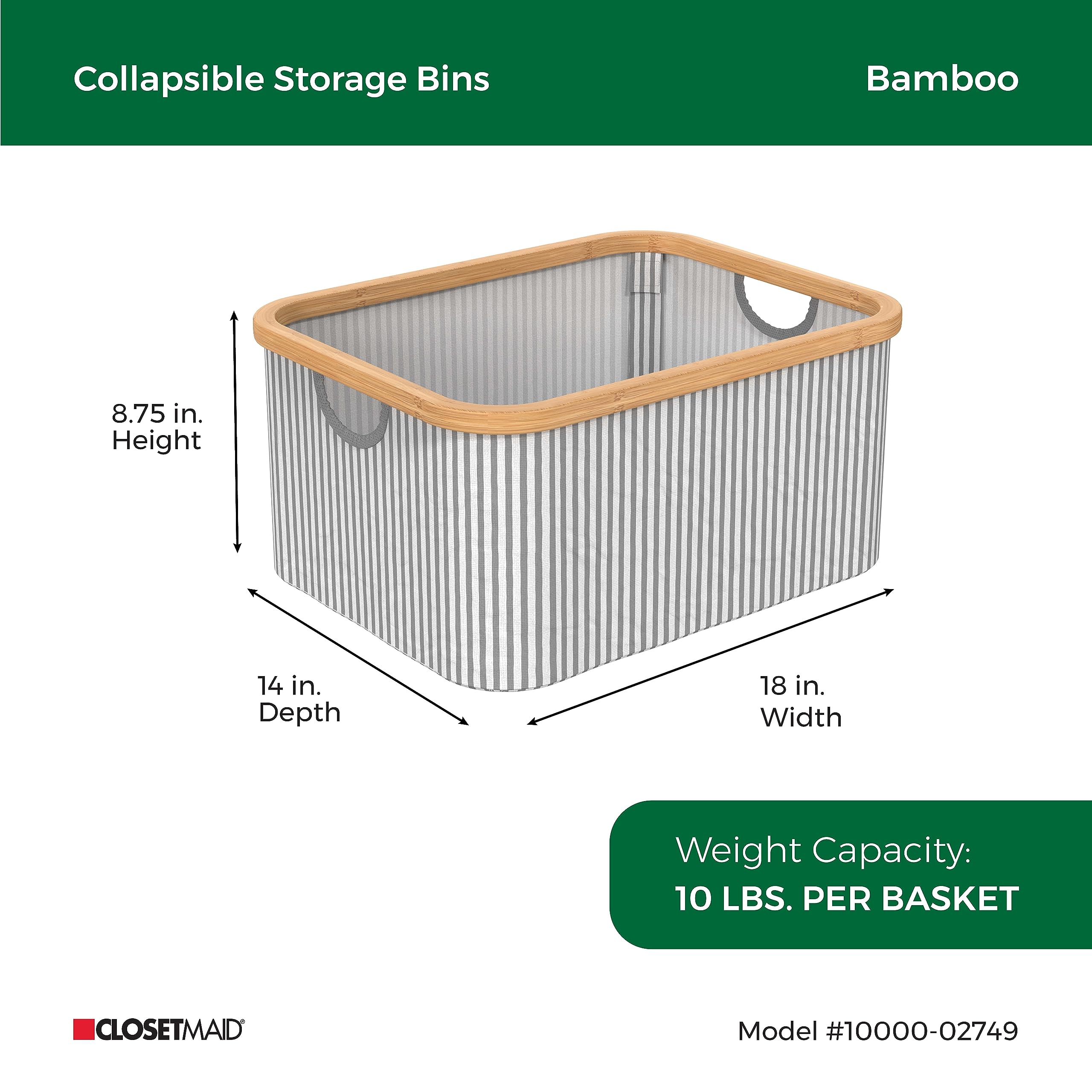 ClosetMaid Laundry Hamper Storage Baskets Bamboo Frame, Portable, Collapsible Design, Freestanding, Stripe (2-Pack), Blue/White