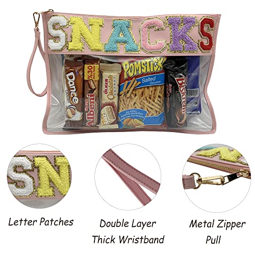 TopTTanBo Chenille Letter Clear Bag Purse Multi-purpose Transparent Waterproof Snacks Makeup Tote Bag with Wrist Strap (SNACKS)