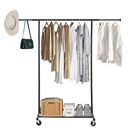 Fishat Freestanding Heavy Duty Metal Clothing Garment Rack Hanging Clothes on Lockable Wheels Mobile for Coats Dresses, Dorm Bedroom Home Balcony, Rolling Organizer Simple Standard Rod Portable, Black