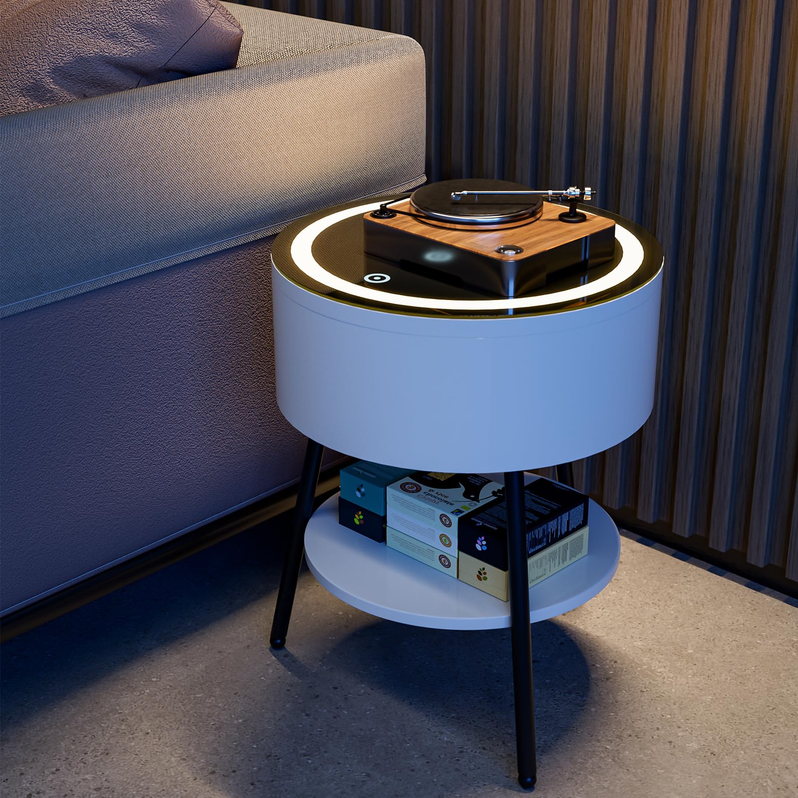 AOVSA Modern LED End Table Nightstands with USB Ports and Wireless Charging, Side Table with Storage Drawer Cabinet and 3-Color Temperature LED Lights for Living Room Bedroom-White