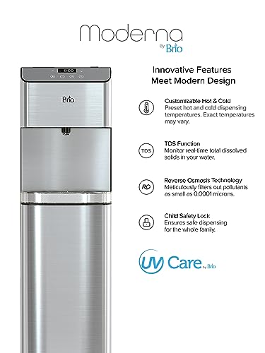 Brio Moderna Self Cleaning Bottleless Water Cooler Dispenser with Filtration β Adjustable Temperature β Digital Clock β LED Nightlight β Tri Temp Hot, Cold, and Room
