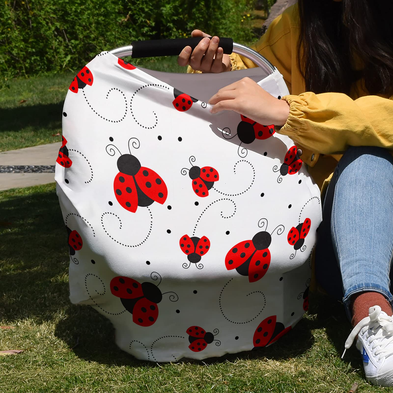 Car Seat Cover for Babies Ladybug Dotted Texture Soft Breathable Infant Stroller/Shopping Cart/High Chair Cover,Stretchy Car Seat Canopy 26''x27.6''