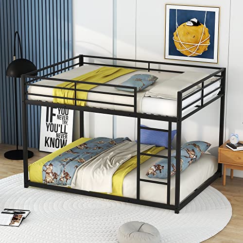 Full Over Full Metal Bunk Bed, Low Bunk Bed with Ladder for Kids Toddlers Teens, No Box Spring Neededďź Black