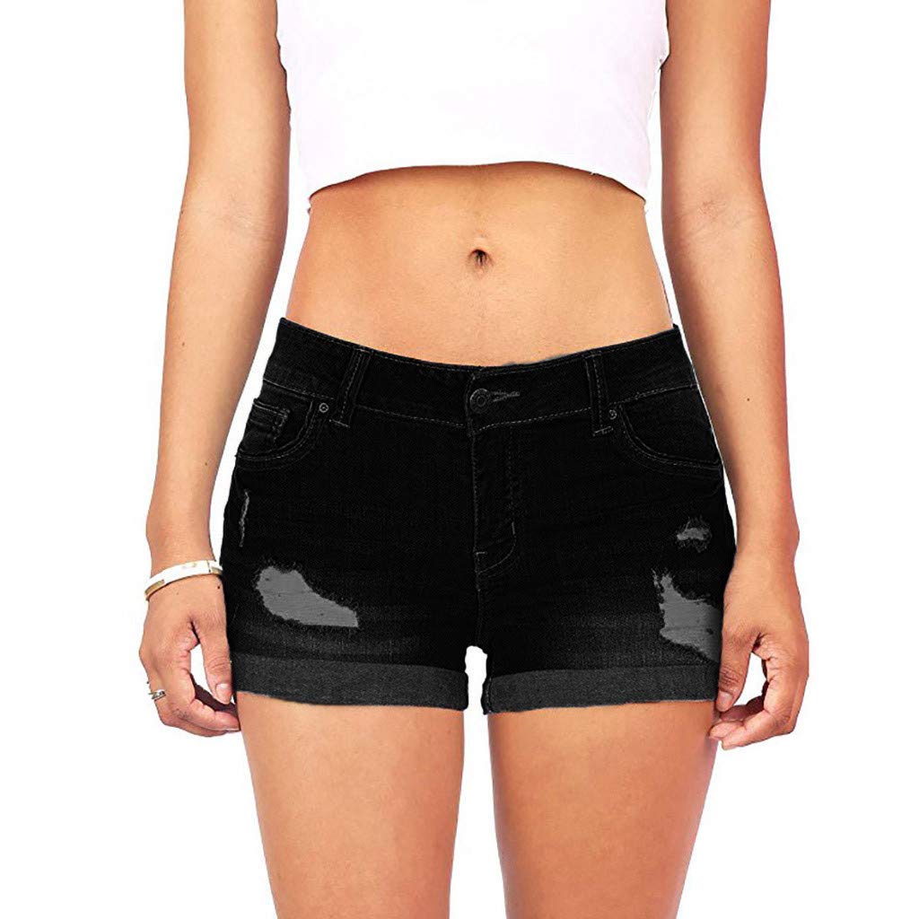 Fashion Low Waisted Mini Shorts ,THENLIAN Women Washed Ripped Hole Short Jeans Denim Pants Shorts(M, Black)