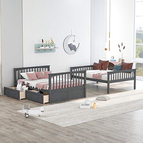 Full Over Full Bunk Bed with 2 Storage Drawers, Wooden Bunk Bed Frame with Guardrails and Ladders for Kids Teens Adults, Can be Convertible into 2 Beds (Bunk Beds Full Over Full, Gray)
