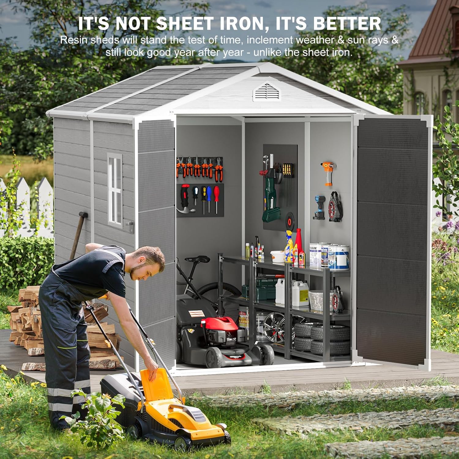 CDCASA 8x6 FT Resin Storage Shed, Waterproof Large Outdoor Shed with Floor & Lockable Door & Window & Vents, Plastic Tool Shed for Backyard, Patio, Poolside, Lawn, Gray