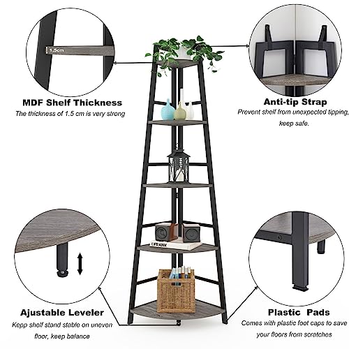 BON AUGURE Rustic Tall Corner Bookshelf, 5 Tier Wood and Black Metal Corner Ladder Shelf, Industrial Corner Bookcase and Gray Corner Shelf for Living Room, Bathroom, Kitchen (Dark Gray Oak)