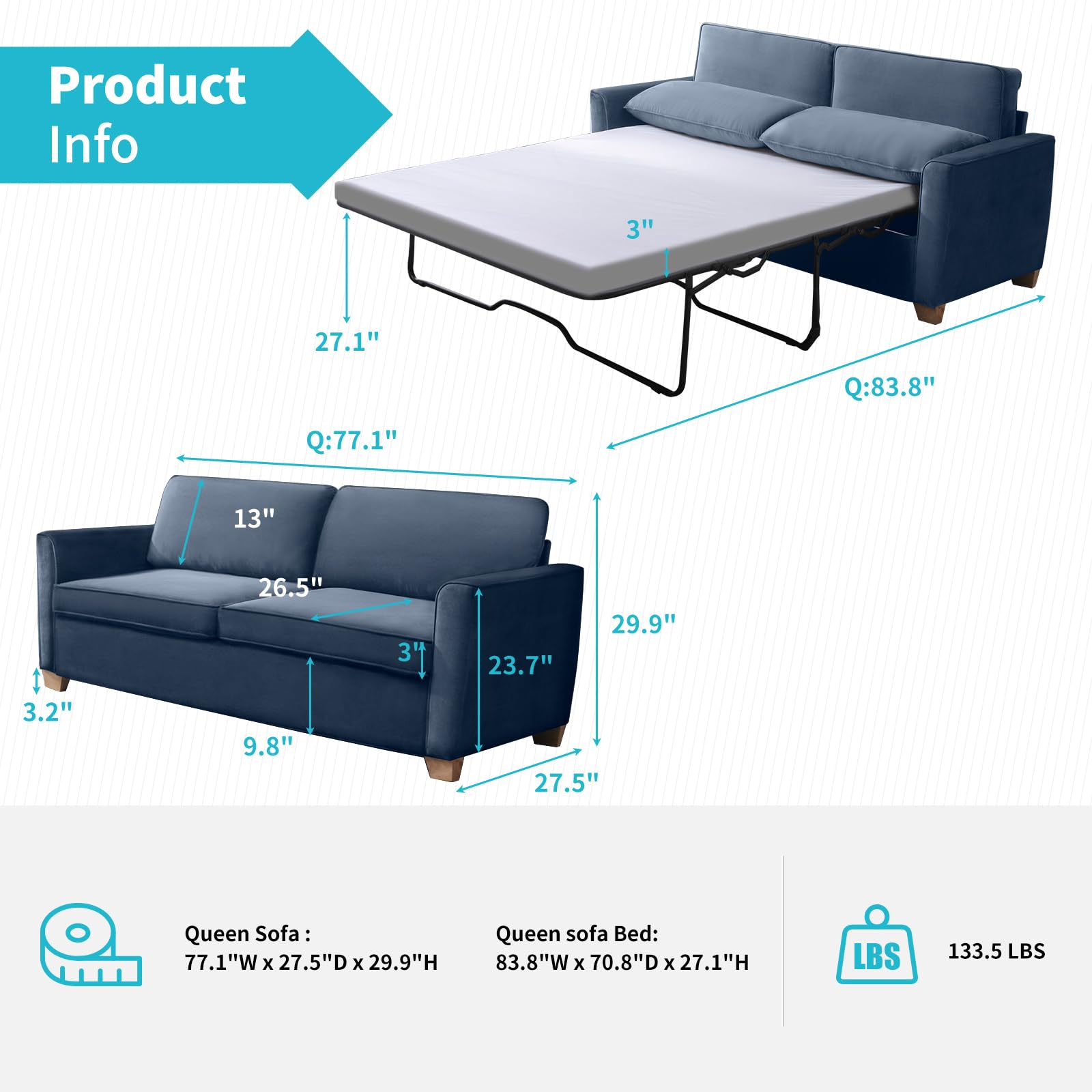 CECER Queen Size Pull Out Sofa Bed, 2-in-1 Loveseat Sleeper Sofa with Foldable Mattress, Upholstered Velvet Convertible Sleeper Couch Bed for Living Room, Apartment, Office-Blue