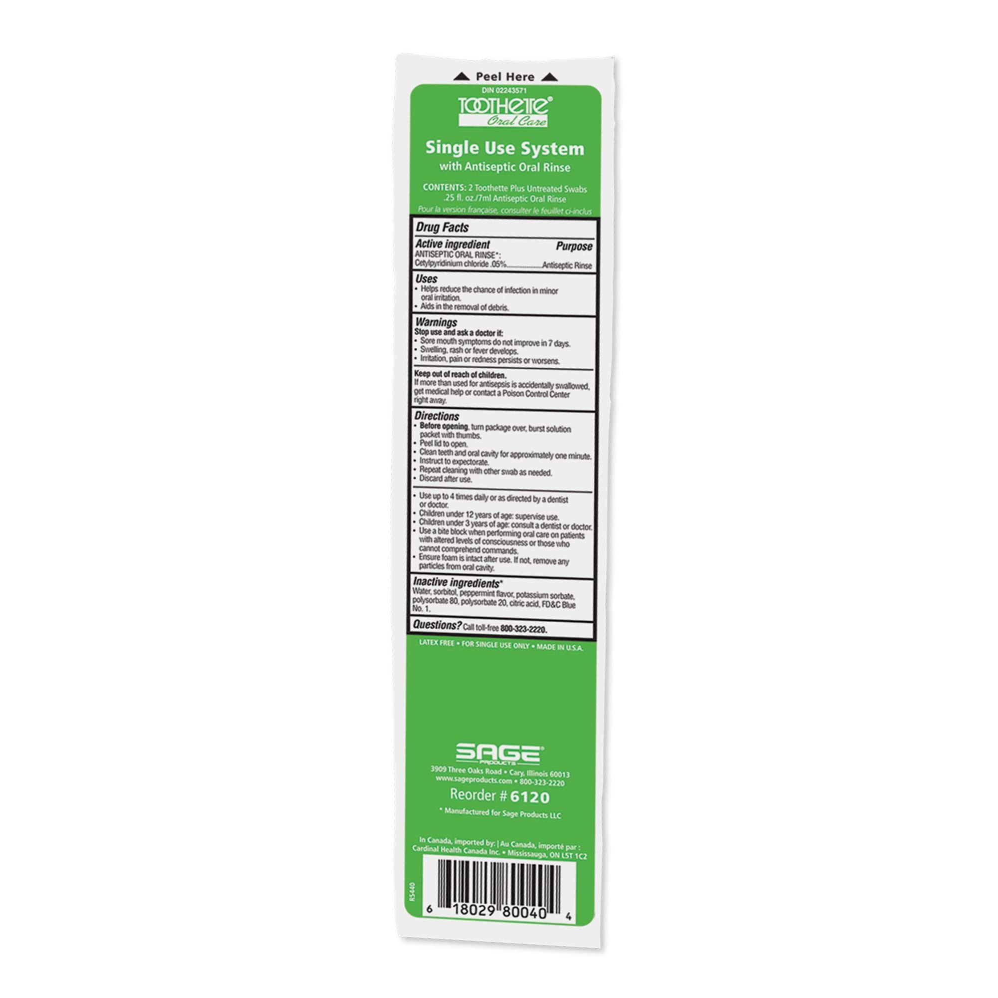 Stryker – Sage Toothette Plus Single Use Oral Swabs with Antiseptic Oral Rinse – 1 package of 2 swabs with .25 fl. oz. mint mouthwash – Disposable swabs with long handle