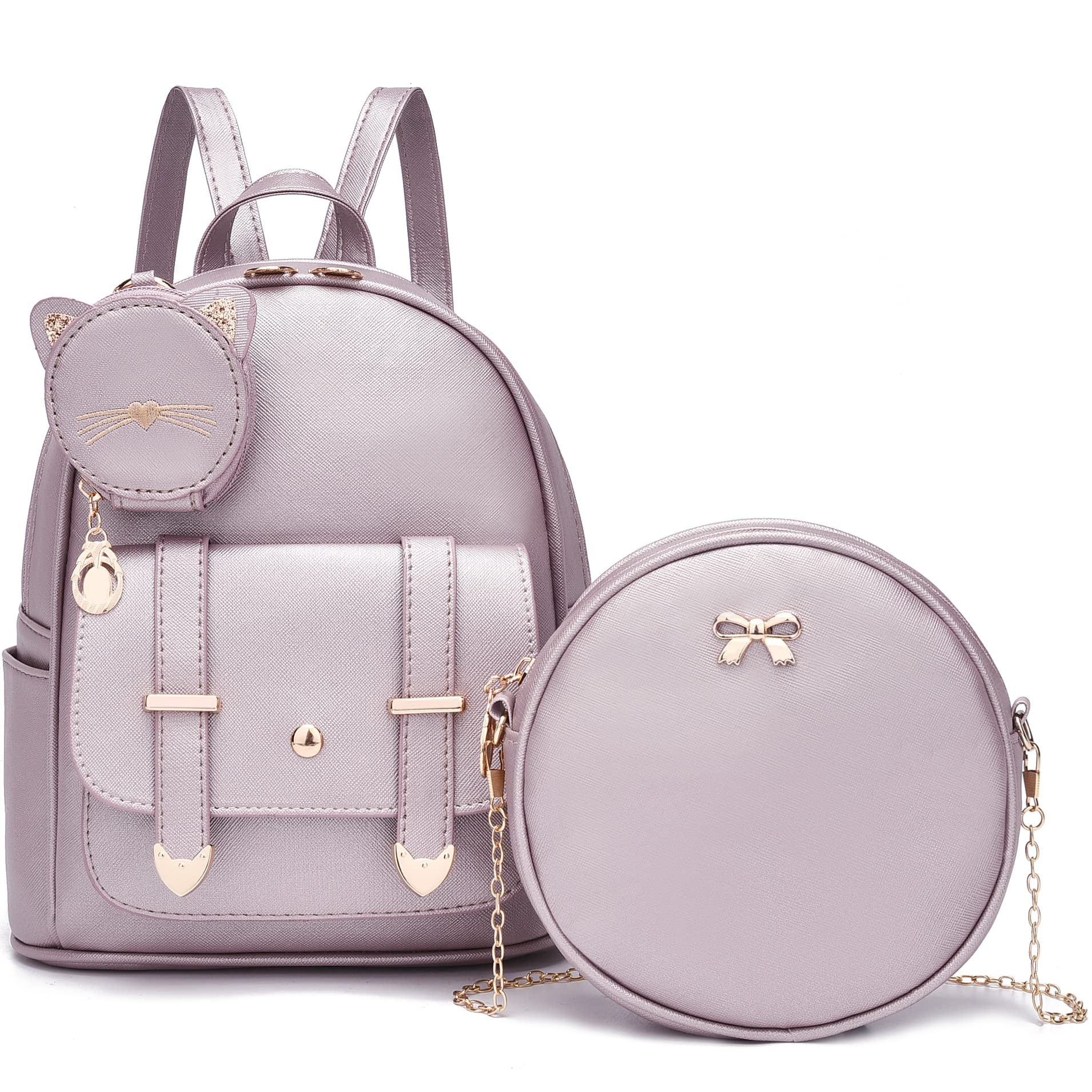 BESYIGA Women Fashion Backpack 3PCS Mini Backpack Purse for Women Small Backpack Purse Leather Travel Satchel Backpack Shoulder Bag Pearl Purple