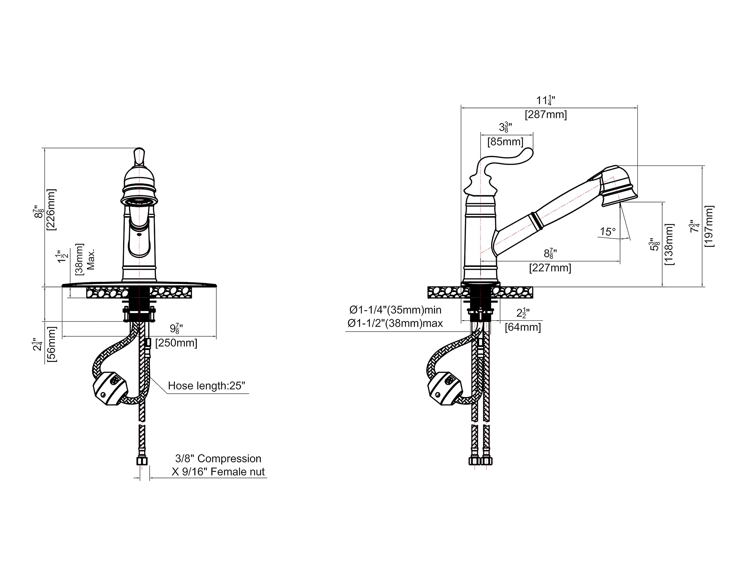 Derengge Matte Black Single Handle Kitchen Faucet,Pull Out Sprayer Kitchen Sink Faucet with Deck Plate,1 Hole or 3 Hole Installation,F-825-MT