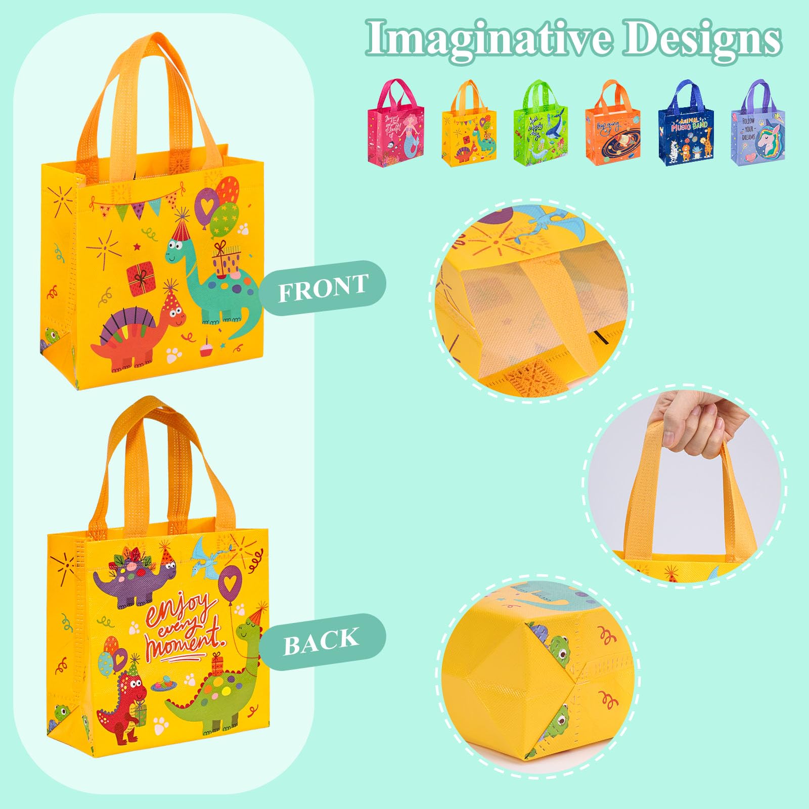 VGOODALL 6PCS Gift Bags with Handles, 8" x 3.5" x 8" Reusable Gift Wrap Bags Large Gift Bags Dinosaur Theme Tote for Kids Birthday Party