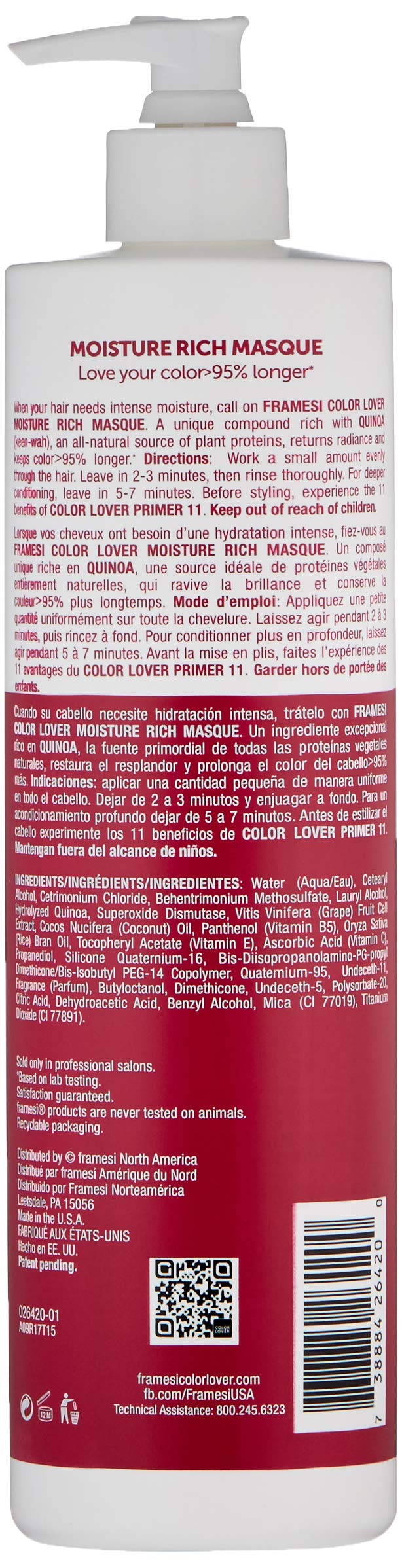 Framesi Color Lover Moisture Rich Masque, 16.9 fl.oz, Sulfate Free Hair Mask for Color Treated Hair