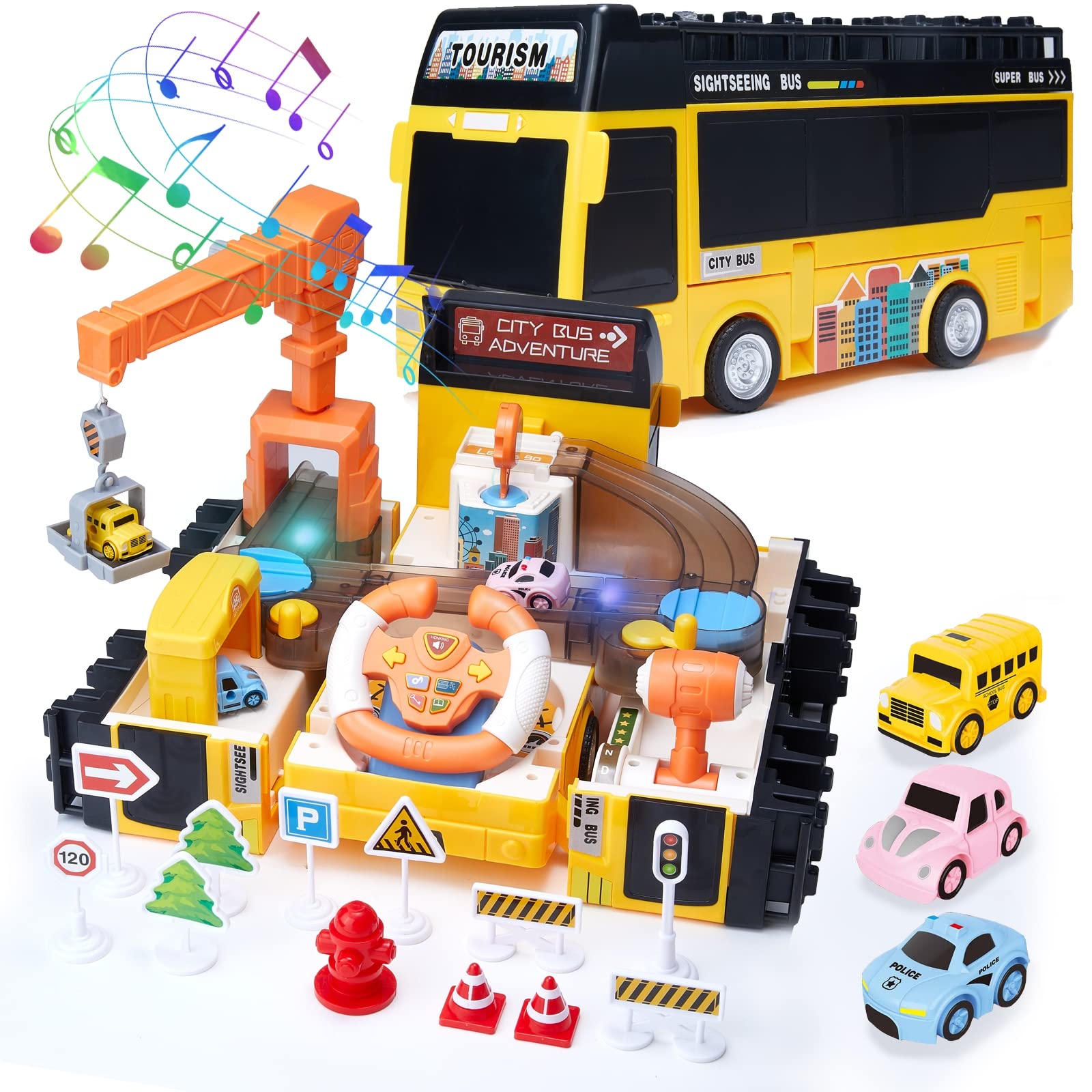 Itcaoseklu Race Track Car Adventure Bus Toys, Tranforming Bus with Sound and Light Simulation Steering Wheel,Vehicle Toy Gift for 3 4 5 6 7 8 Year Old Kids Boys Girls, Yellow