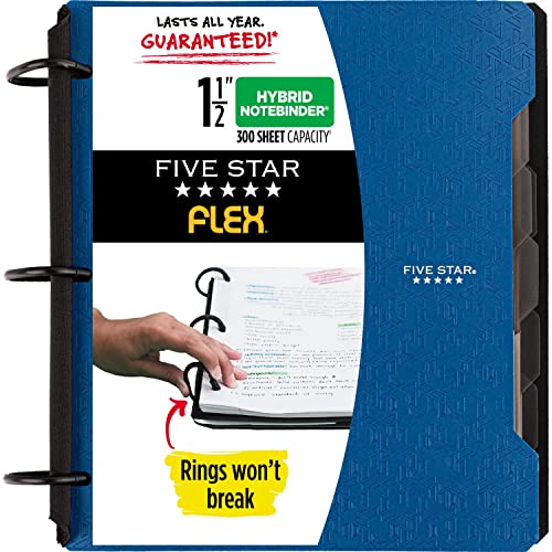 Five Star Flex Refillable Notebook + Study App, College Ruled Paper, 1-1/2 Inch TechLock Rings, Pockets, Tabs and Dividers, 300 Sheet Capacity, Blue (29324AD2)
