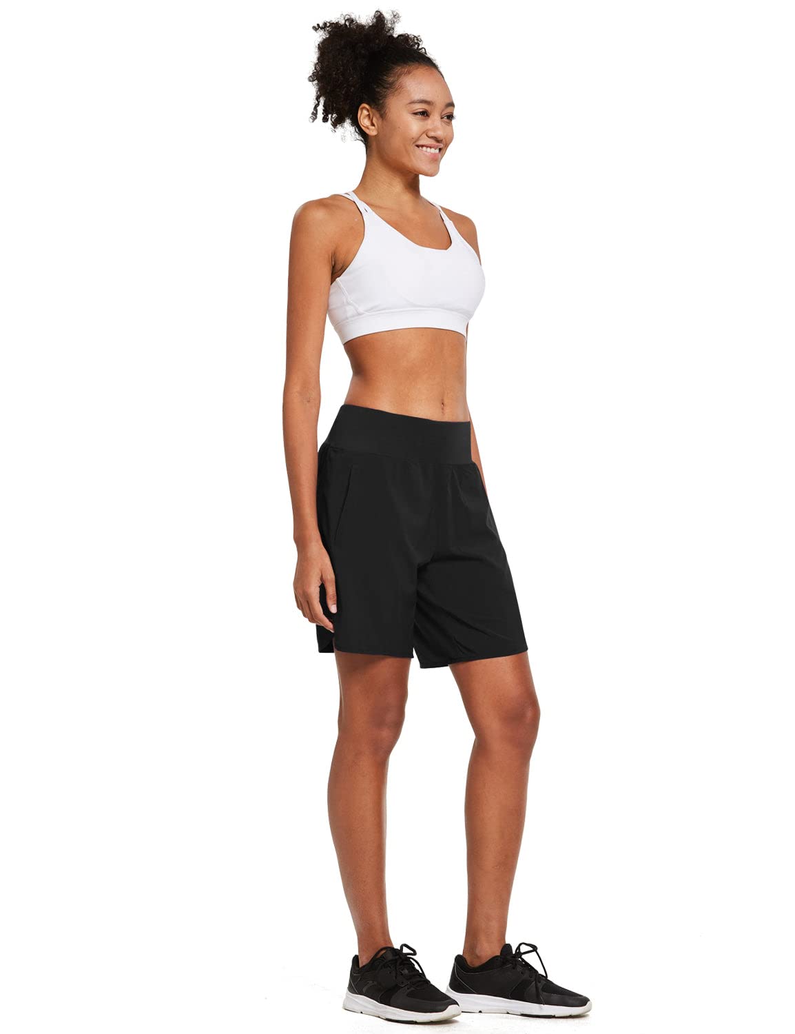 BALEAF Womens' 7" Long Running Athletic Shorts Back Zipper Pocket Workout Gym Shorts Quick Dry High Waist with Liner Black Size M