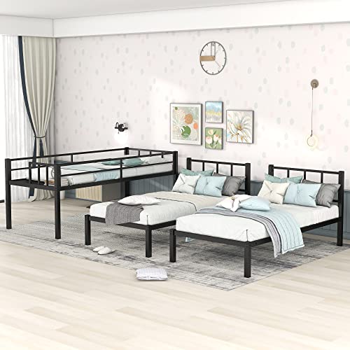 DHHU Triple Twin Bunk Bed, Metal Bunk Bed, Metal Bed Frame, Suitable for Bedroom, Apartment, Dorm, Space-Saving, Black