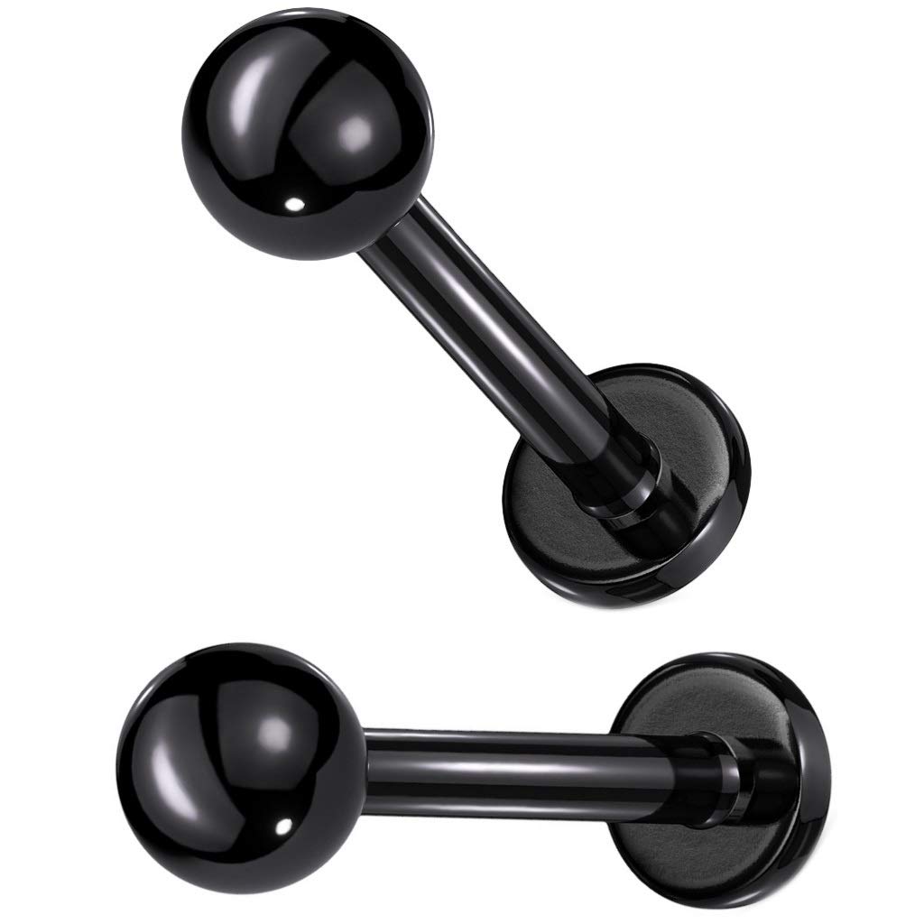 BODY DAZZ 2PC 20G-16G Ball Push Top PVD Surgical Steel Labret Monroe Piercing Studs (Black 16 Gauge 6mm)