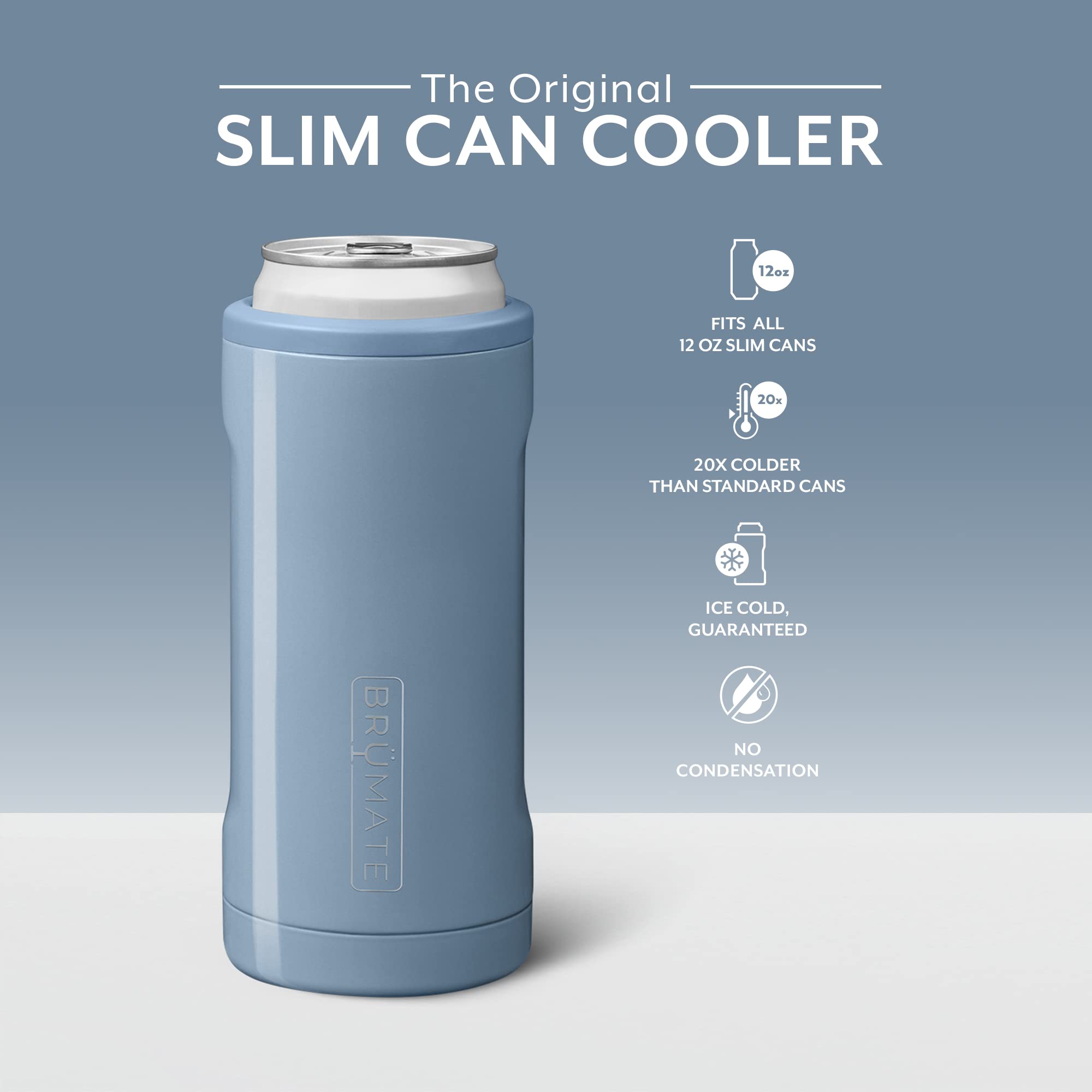 BrüMate Hopsulator Slim Can Cooler Insulated for 12oz Slim Cans | Skinny Can Insulated Stainless Steel Drink Holder for Hard Seltzer, Beer, Soda, and Energy Drinks (Denim)