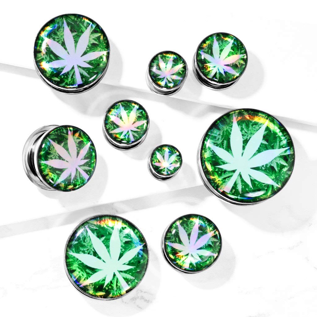 BODY DAZZ Pair 2G-25mm Pot Leaf Hologram Surgical Steel Tunnels Plugs (2 Gauge (6mm))