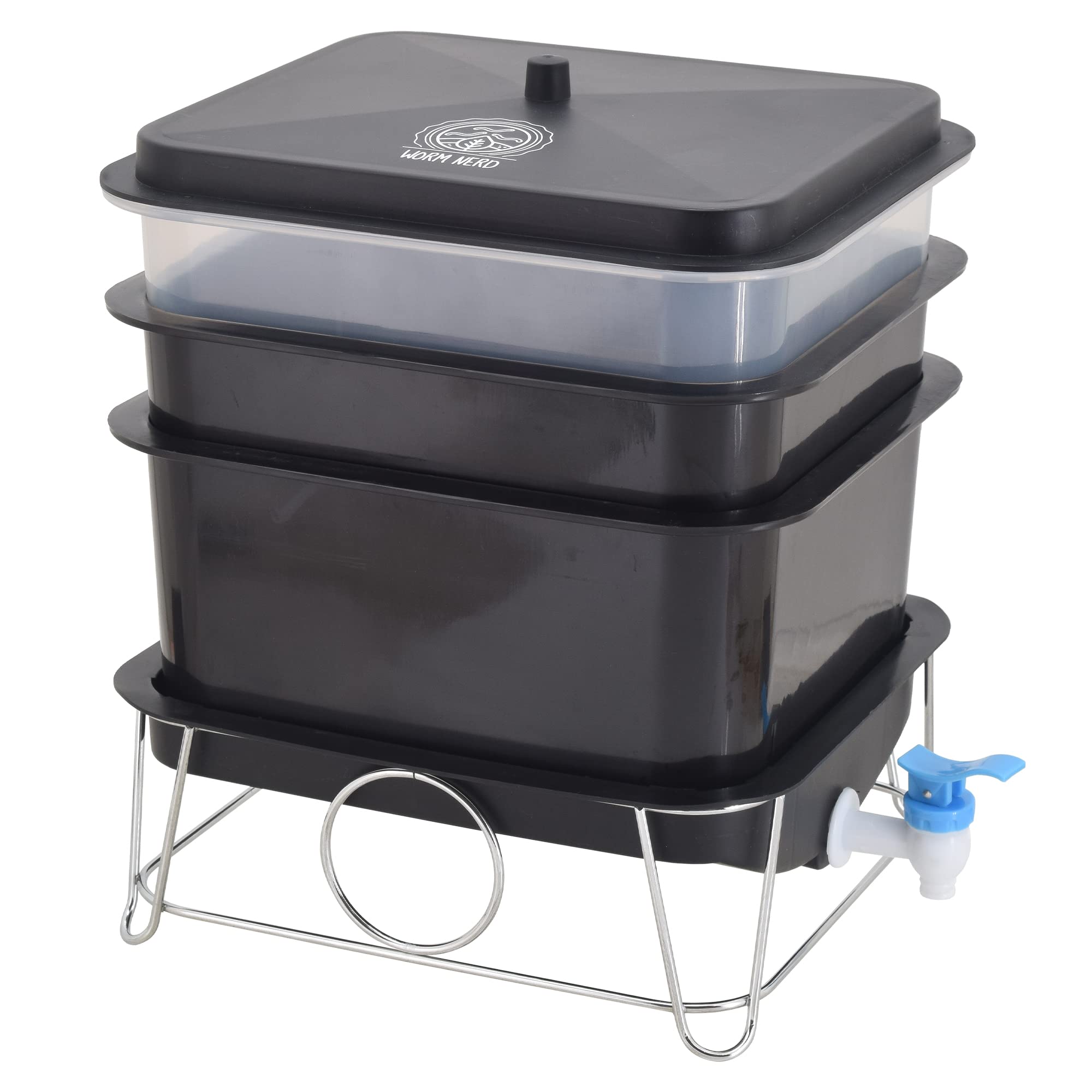 Worm Nerd WN41 4-Tray Worm Composting Bin Kit with Coco Coir Brick for Recycling Food Waste, Worm Castings, Worm Tea, Vermiculture and Vermicomposting, Black