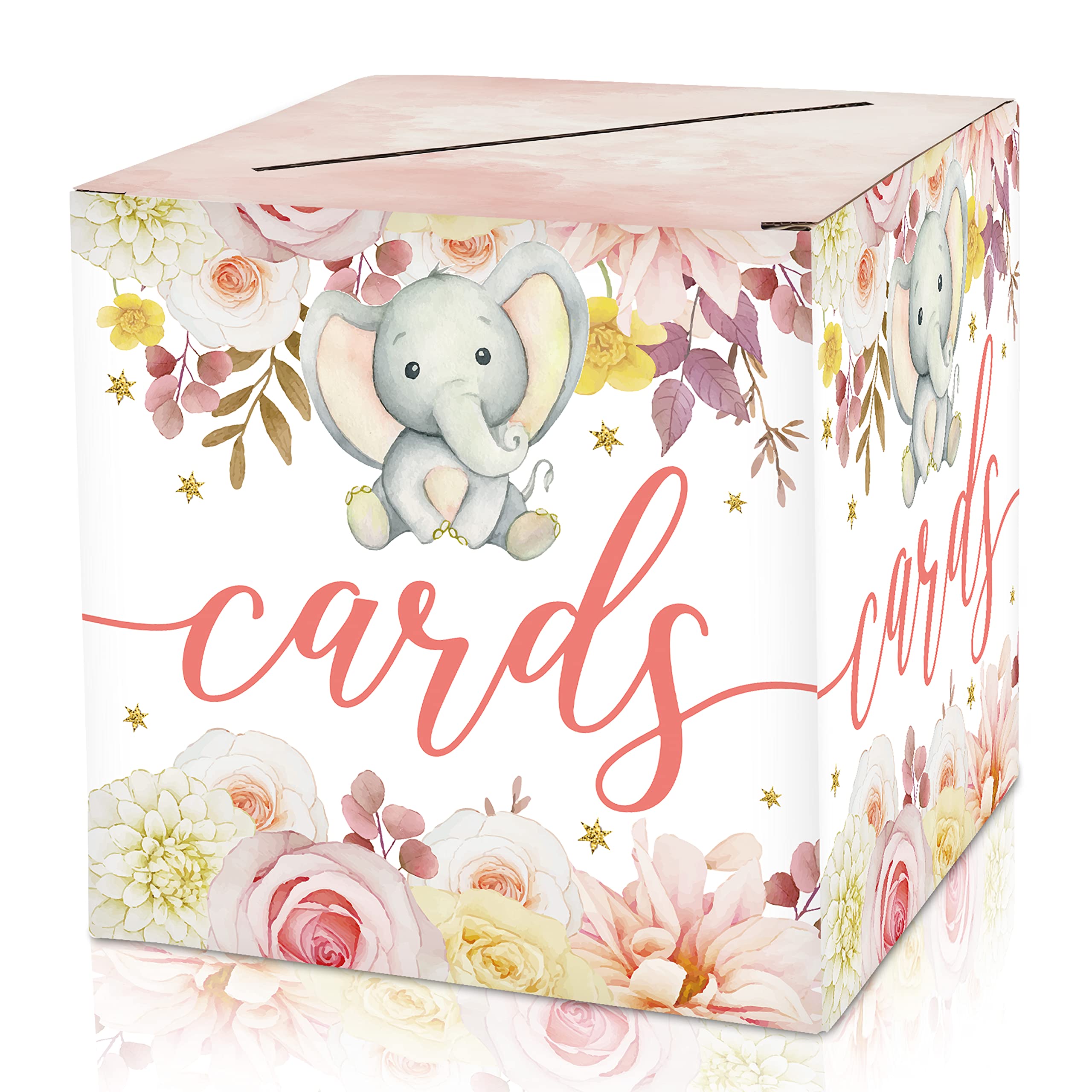 HEZNZXQ Pink Elephant Card Box - Watercolor Floral Collapsible Money Box or Gift Box for Baby Shower, Bridal Shower, Birthday Party, Graduation - 8"x8"x8" Party Favors Decorations Boxes(14)