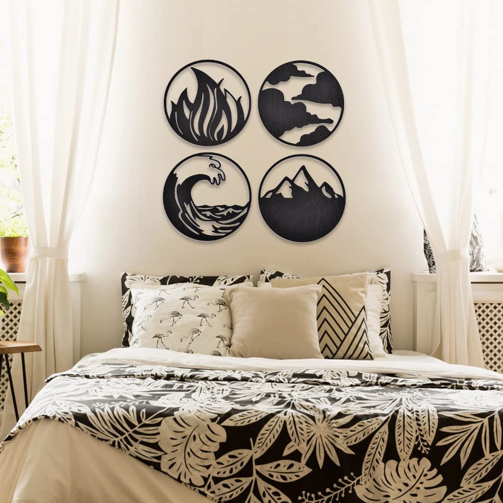 Four Elements Minimalist Wood Wall Art - 4 Elements Symbols Wall Decor - Fire, Water, Earth, Air Vector Sign - Wood Wall Decor Geometric - Bedroom Decor - Housewarming Gift