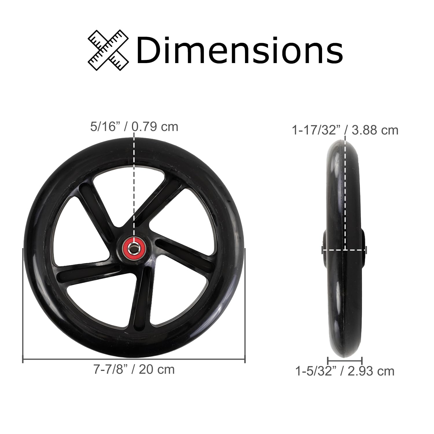 AlveyTech 200mm Black Wheel Pink Hub for the Razor A5/Carbon Lux, Stiga - Replacement Durable Polyurethane 8" Caster Wheels for Kick Scooters, Trikes, Carts, Kids Folding Scooter Parts, DIY Install