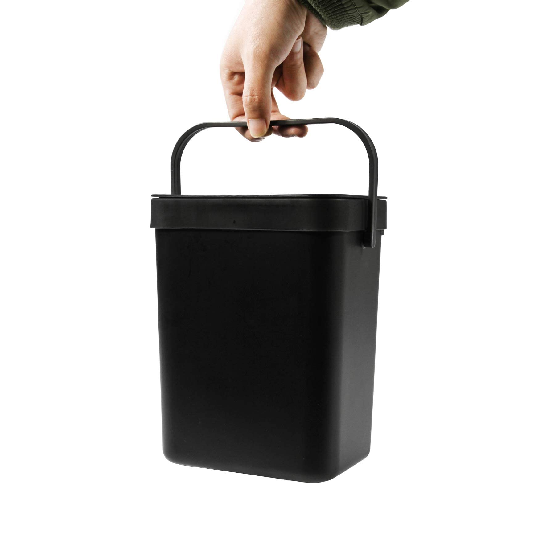 Domiella 2 Pack 1.3 + 0.8Gal Hanging Small Trash Can with Lid, Kitchen Compost Bin for Counter Top Under Sink, Sealed Food Waste Bin, Mountable Indoor Compost Bucket for Cupboard/Bathroom (Black)