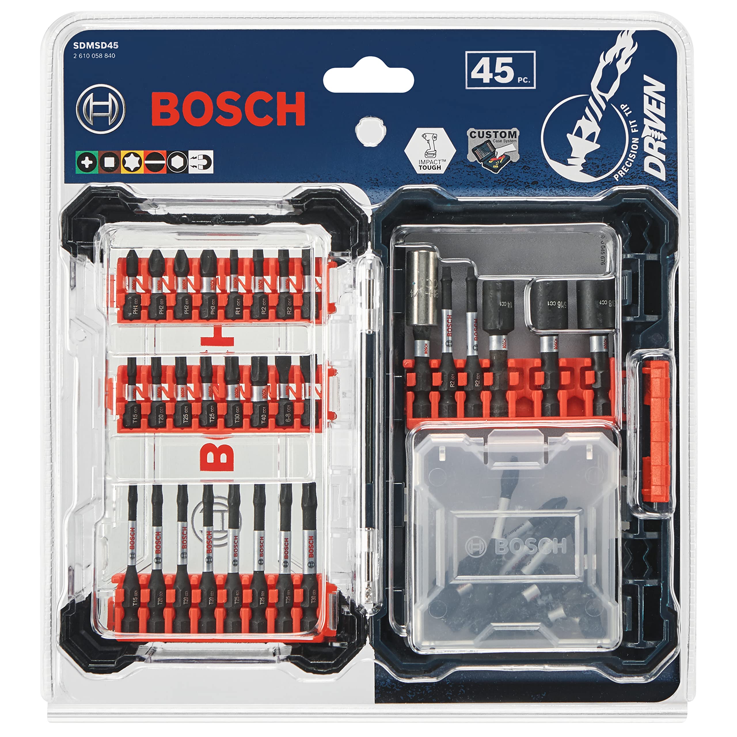 BOSCH SDMSD45 45-Piece Driven Impact Tough Screwdriving Custom Case Assorted Set with Included Storage Case