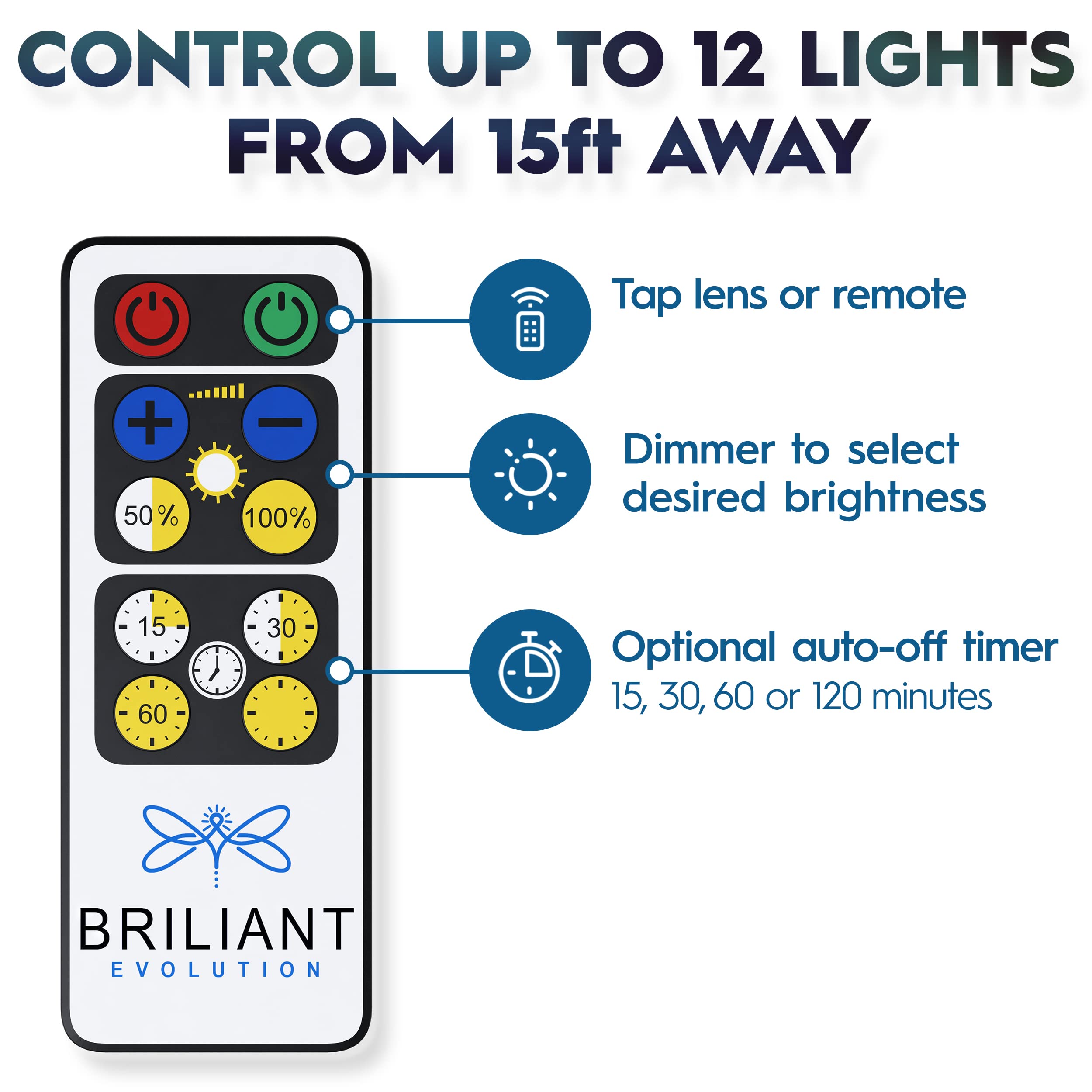 Brilliant Evolution Tap Light Push Lights 6pk w/Batteries + Remote, LED Stick On Lights Under Cabinets Battery Puck Lights with Remote - Under Counter Lighting Wireless Closet Kitchen Night Lights