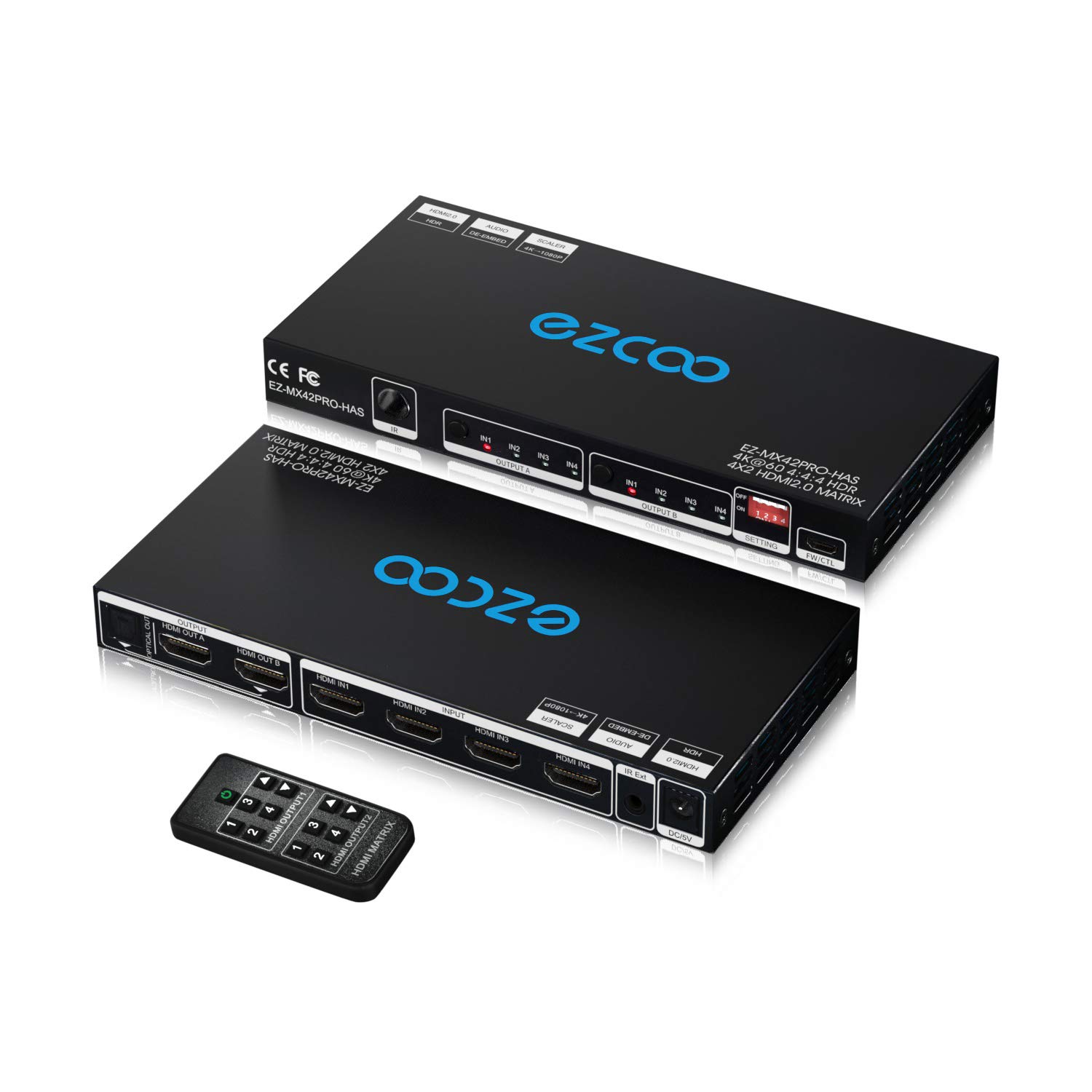 HDMI Matrix 4 in 2 Out 4K 60Hz 4:4:4 HDR 10 Atmos SPDIF 5.1CH Audio Extractor - 16 EDID Option, HDMI Scaler 4K 1080P Sync, Vision Atmos Sync,HDCP2.2 HDMI Matrix 4x2 IR Remote,IR Ext. MX42PRO