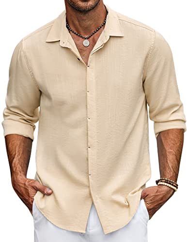 COOFANDY Men Beach Shirts Casual Cotton Linen Long Sleeve Slim Fit Summer Shirts Stone