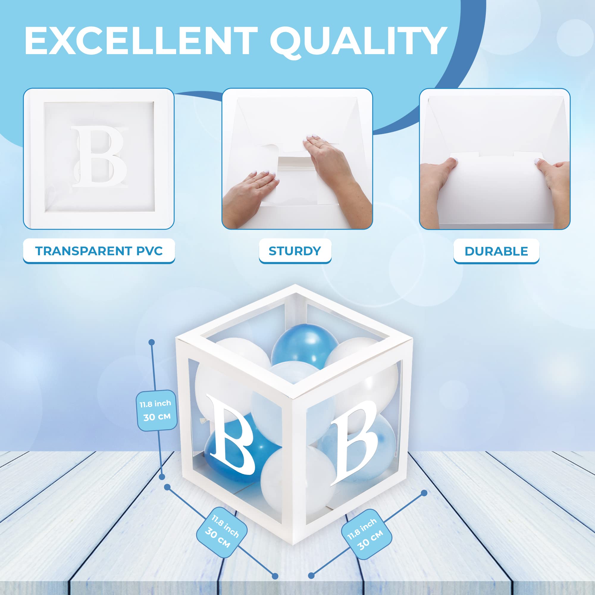 Baby Boxes with Letters for Baby Shower - Baby Shower Decorations of 44 pcs, 32 Blue Silver White Balloons, 4 White Blocks, 8 Letters, Perfect Party Decor